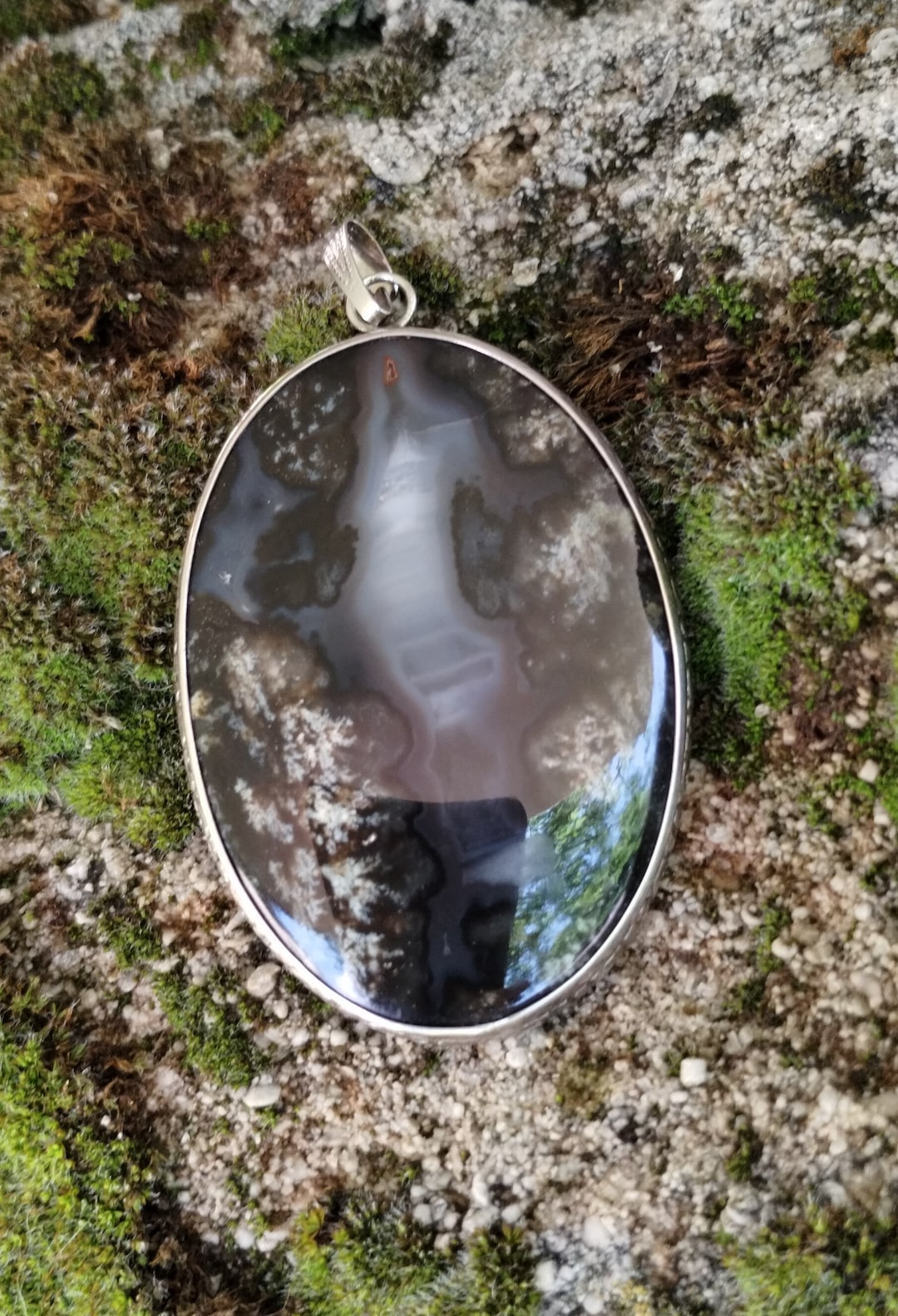 Sterling Silver MOSS AGATE Oval Pendant, Rainforest Scene, Tropical ...
