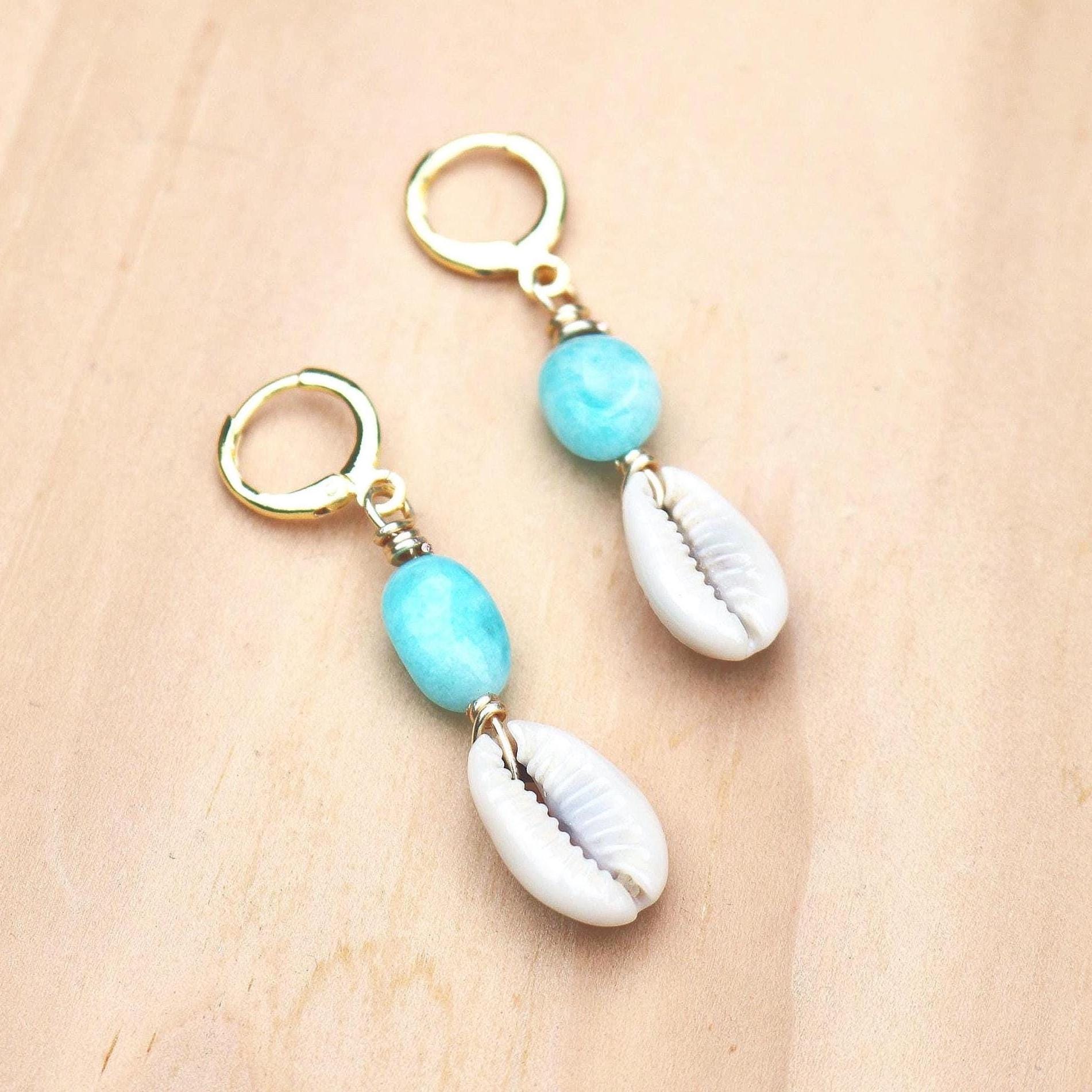 Cowrie Shell Huggie Hoops / Blue Amazonite Seashell Earrings ...