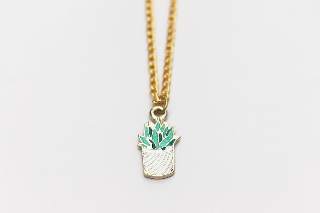 Succulent Necklace // Green Plant Necklace // Enamel Cactus Necklace ...