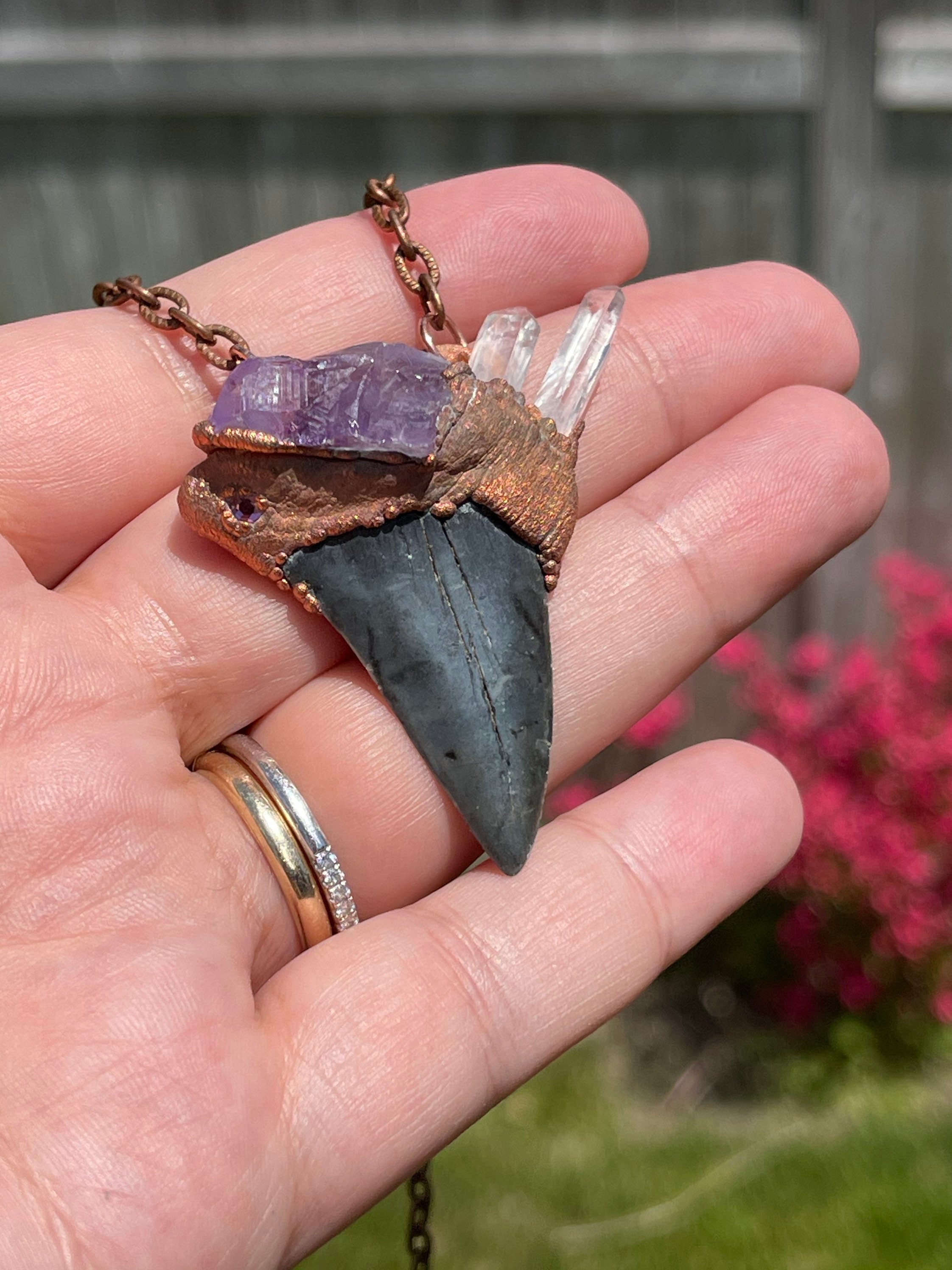 Large Fossil Mako Shark Tooth Amethyst Quartz Crystal Copper | Etsy