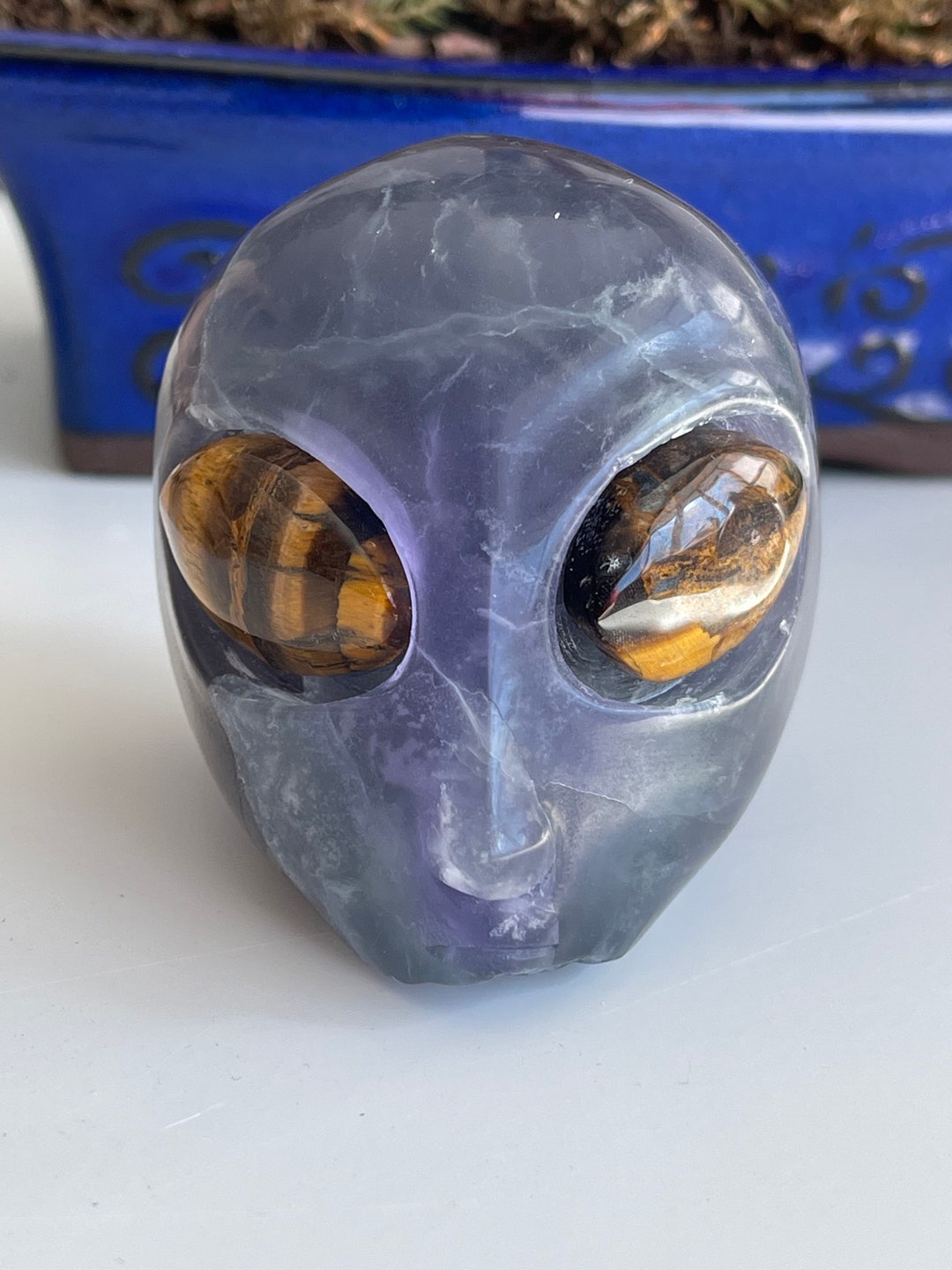 Large Alien Green and Purple Fluorite Tiger Eye Alien Skull Crystal ...