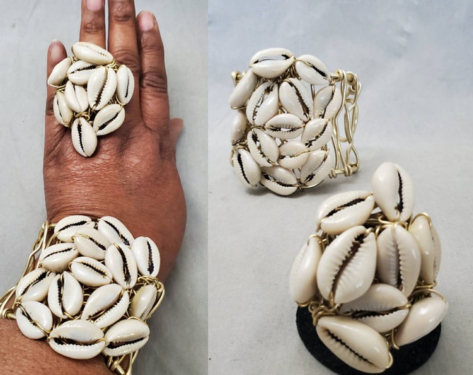 Cowrie Shell Cuff Bracelet and Ring, Wire Cuff Bracelet, Seashell ...