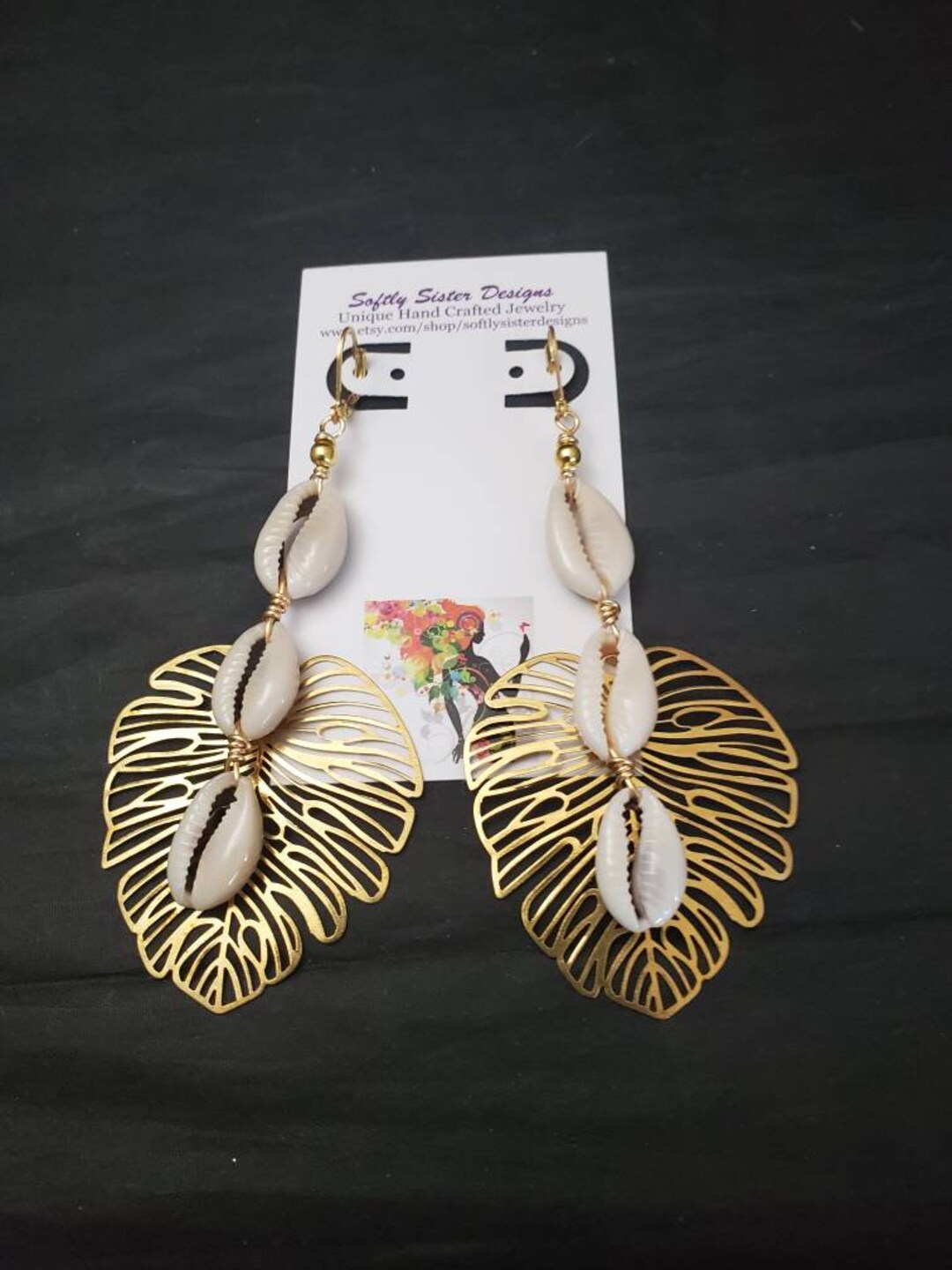Cowrie Shell Earrings, Gold Earrings, Earrings, Monstera Leaf Earrings ...