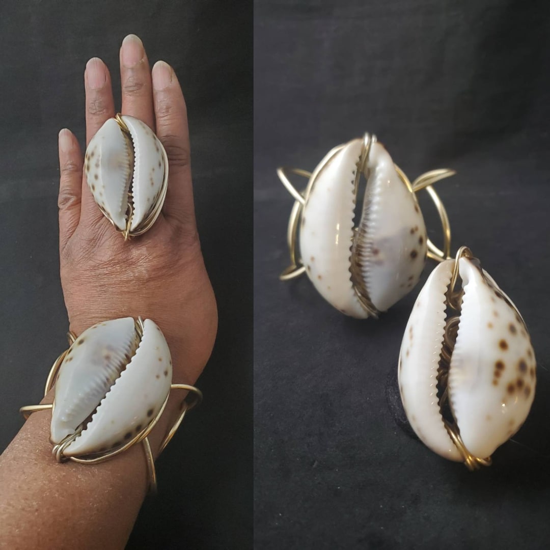 Cowrie Shell Cuff Bracelet and Ring Set, Cuff Bracelet, Statement ...