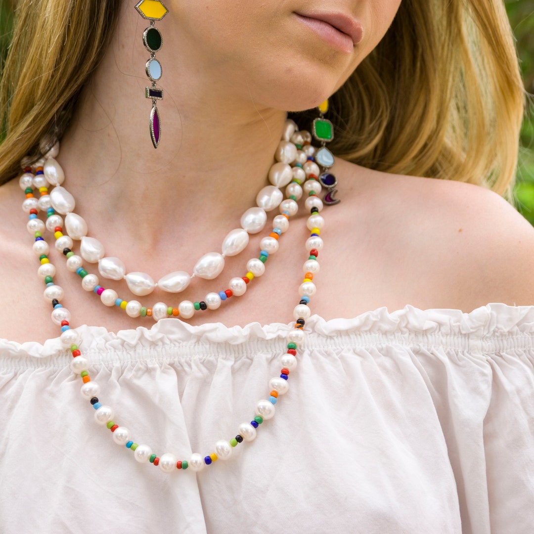 Pearls and African Glass Beads Necklace, Pearl Necklace, Layering ...