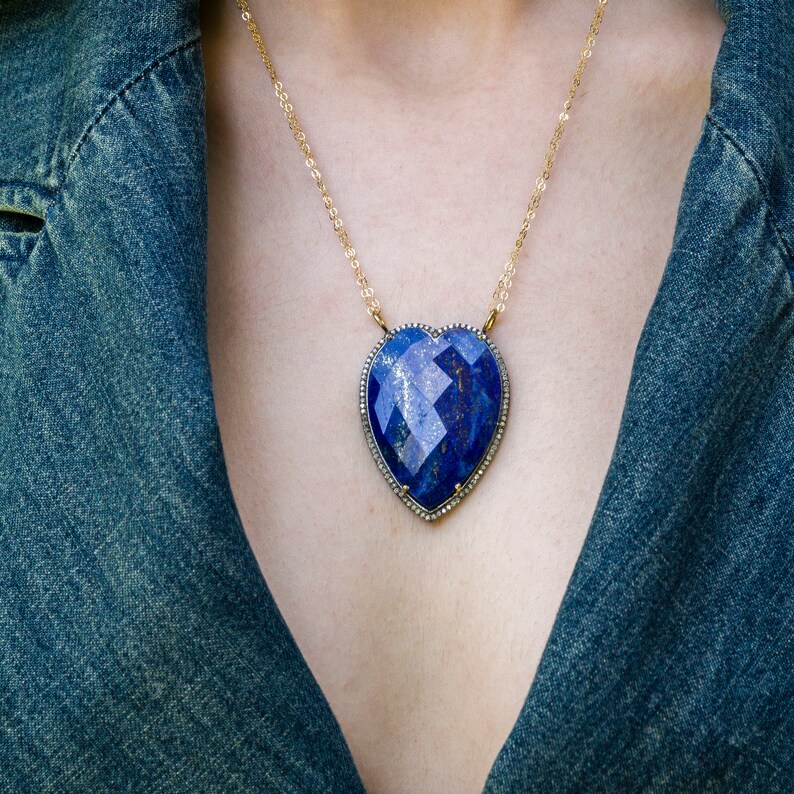 Buy Lapis Heart Necklace Lapis and Diamonds Heart Pendant Heart Online ...