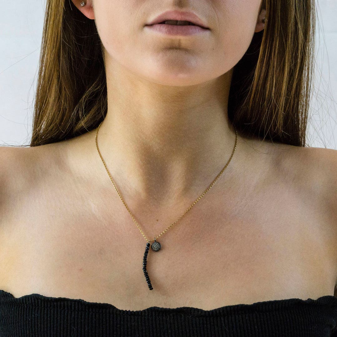 Pave Diamonds Disc Necklace - Pave Diamonds Small Disc Pendant - Black ...