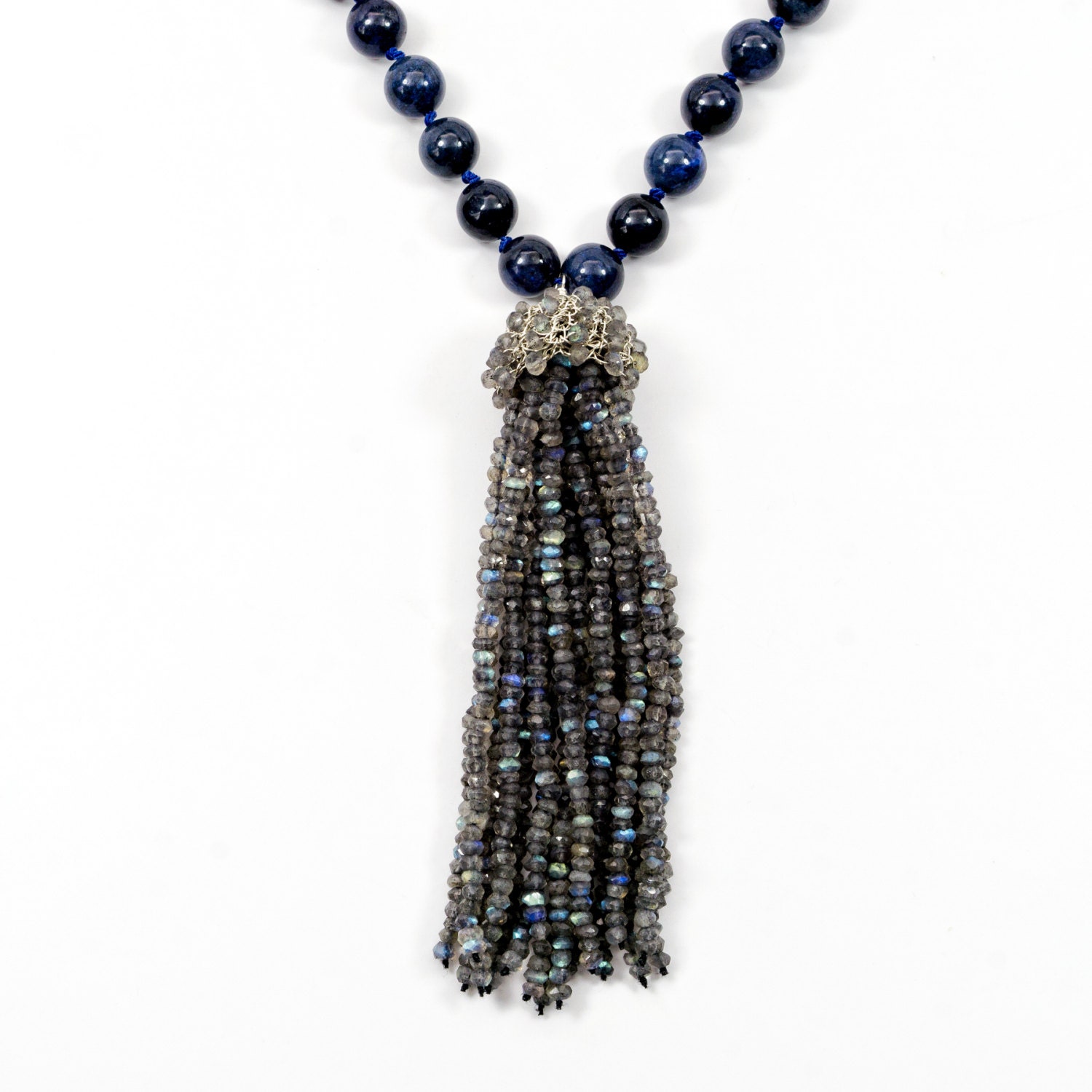 Knotted Dumorite and Labradorite Tassel Necklace - Etsy