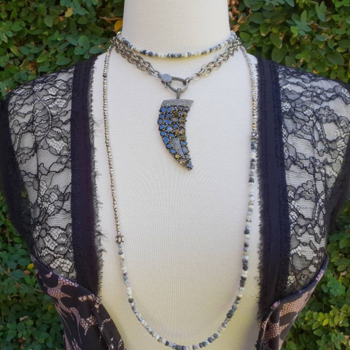 Black Spinel and Diamonds Horn Pendant Diamond Horn Pendant - Etsy