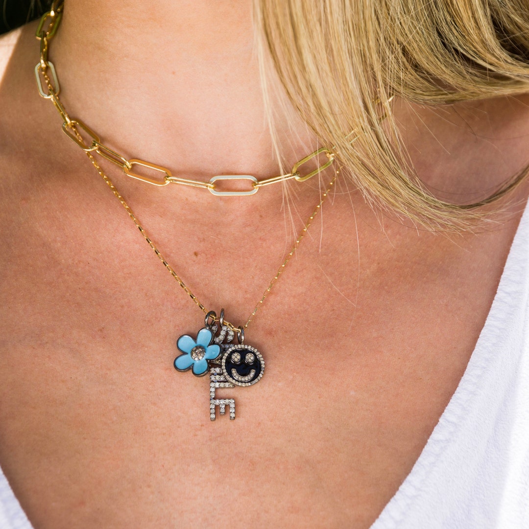 Diamond SMILE Charm Necklace, Diamond Charm Necklace, Happy Face Charm ...