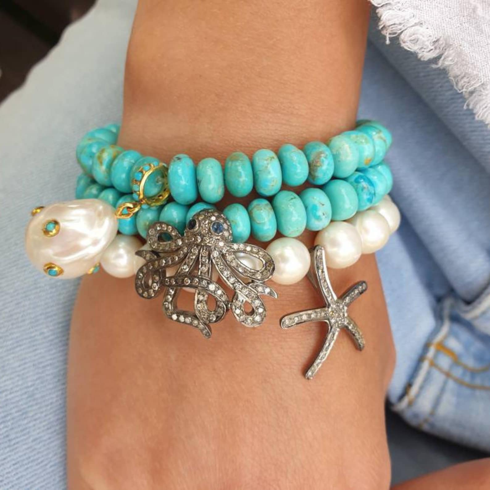 Diamond Octopus Bracelet Diamond Octopus Charm Pearl - Etsy