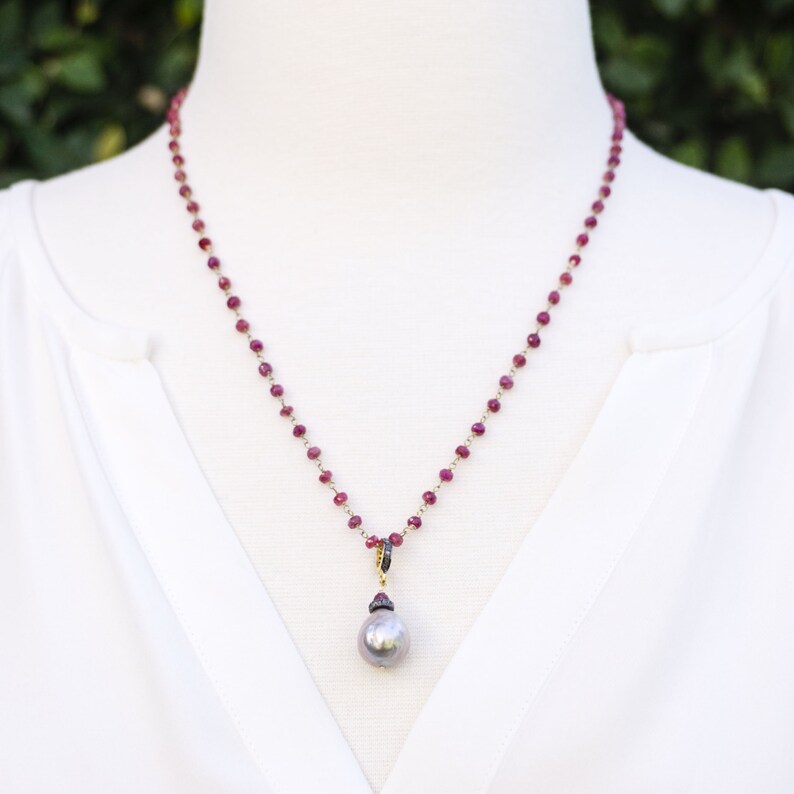 Silver Pearl and Ruby Necklace - Pearl and Diamond Pendant - Pave ...