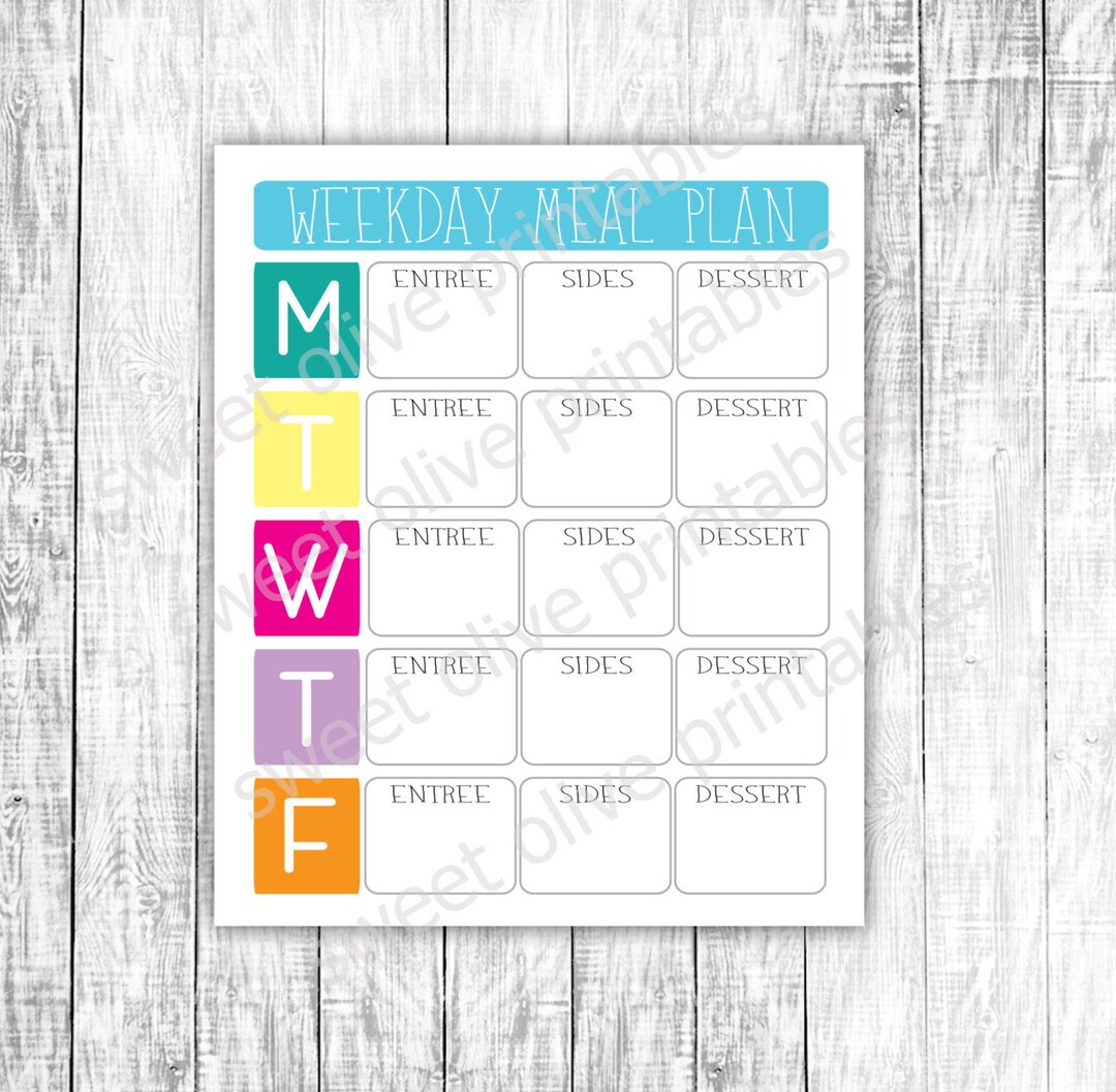 Printable Meal Planner, Weekday Meal Schedule, Instant Download, Easy ...