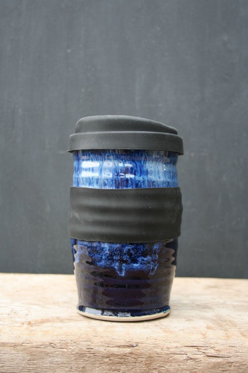 Pottery travel mug Blue ceramic to-go cup with silicon lid. | Etsy