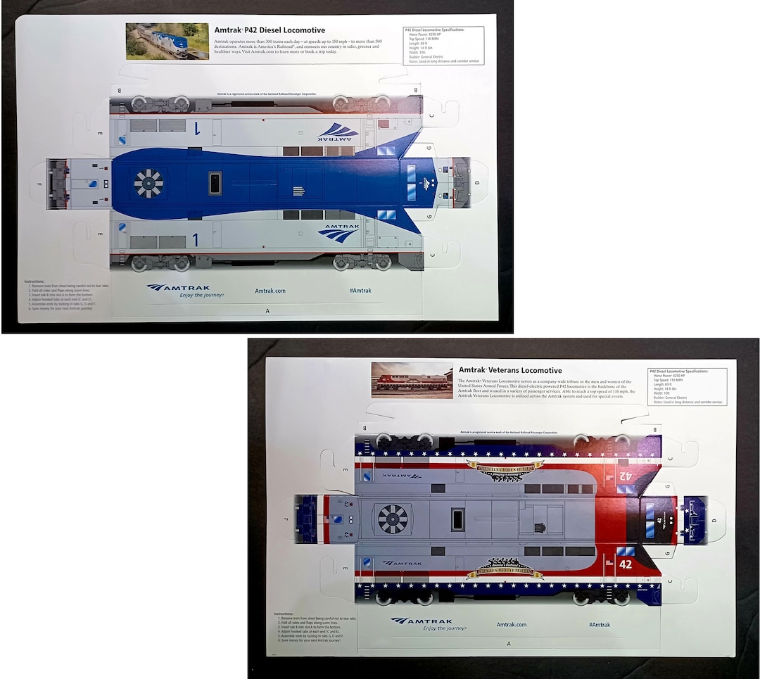 Pair AMTRAK P42 Railroad LOCOMOTIVE #1 and VETERANS #42 Cardstock ...