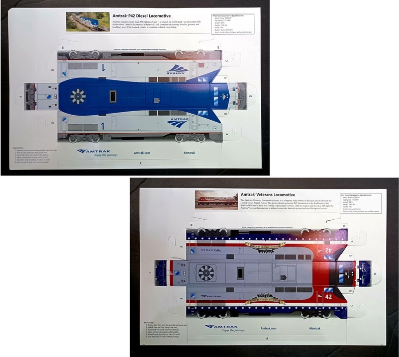 Pair AMTRAK P42 Railroad LOCOMOTIVE #1 and VETERANS #42 Cardstock ...