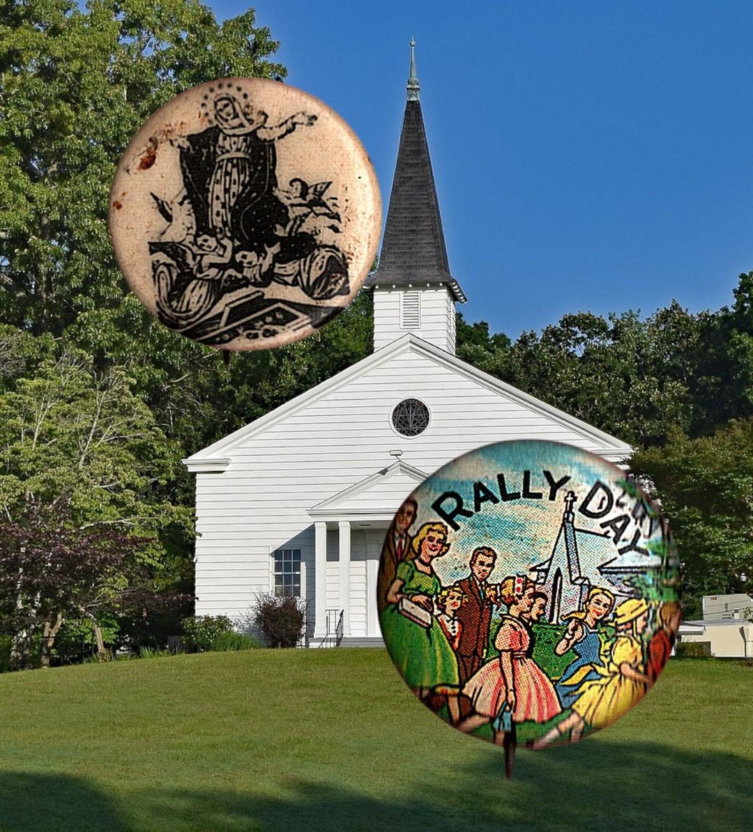 Pair Vintage RELIGIOUS PINBACK BUTTONS Rally Day & Celluloid Icon ...