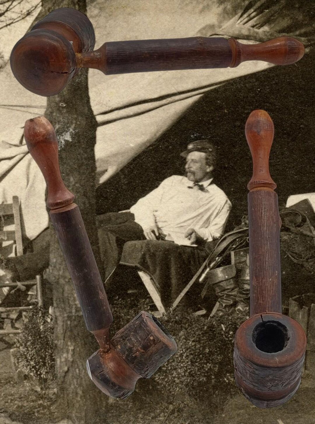 Civil War Era TOBACCO Smoking PIPE Hand Carved Natural Wood Antique ...