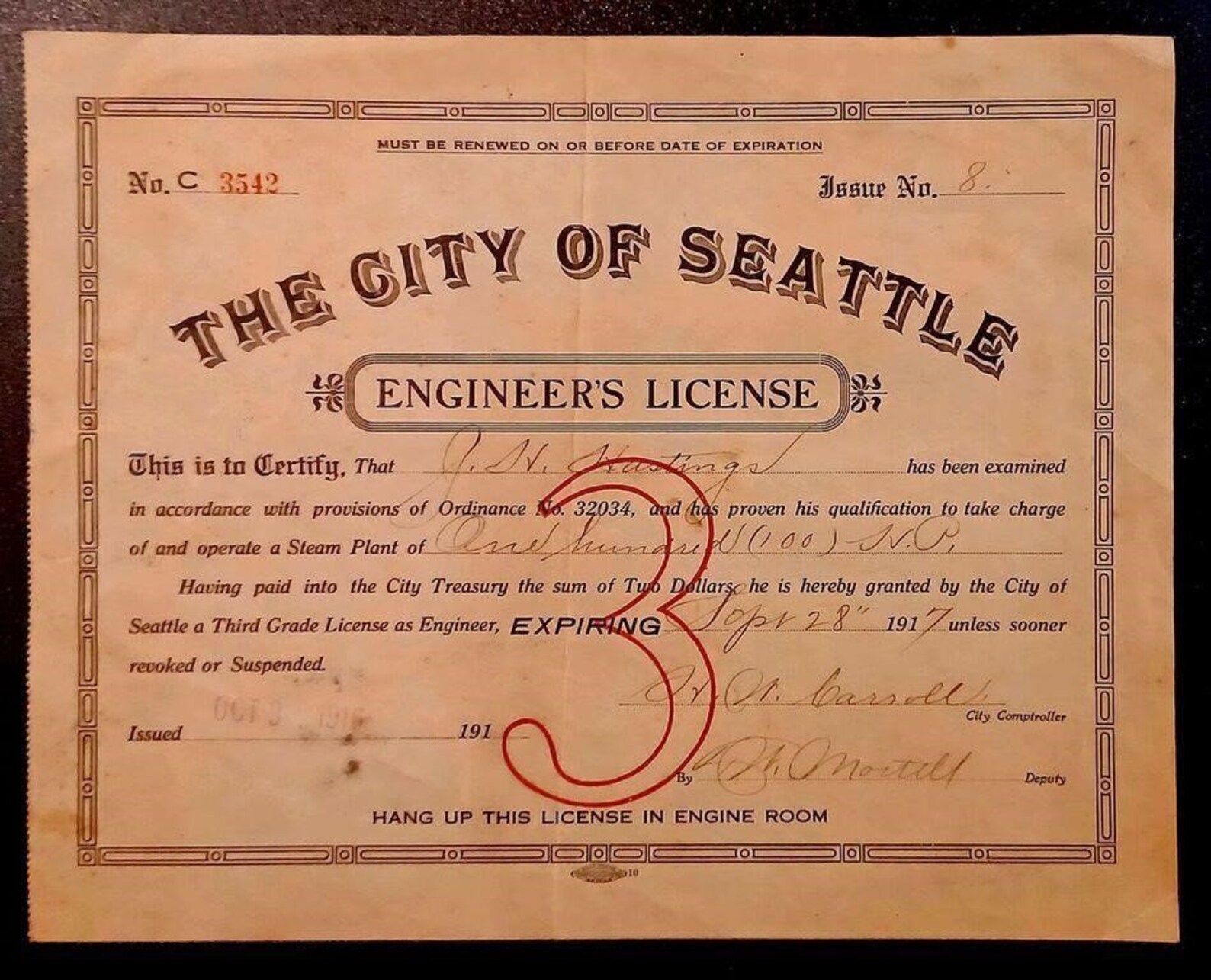 1916 CITY of SEATTLE, WASHINGTON Steam Plant Engineer License Early ...