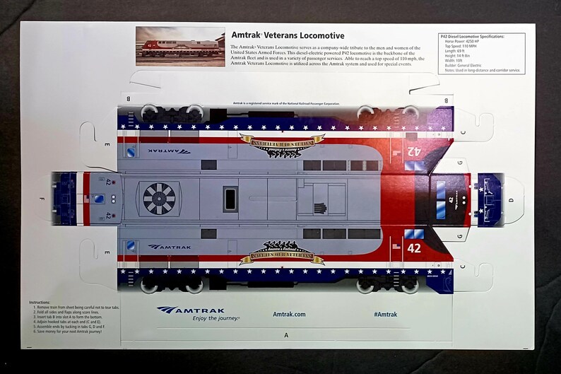 Pair AMTRAK P42 Railroad LOCOMOTIVE #1 and VETERANS #42 Cardstock ...
