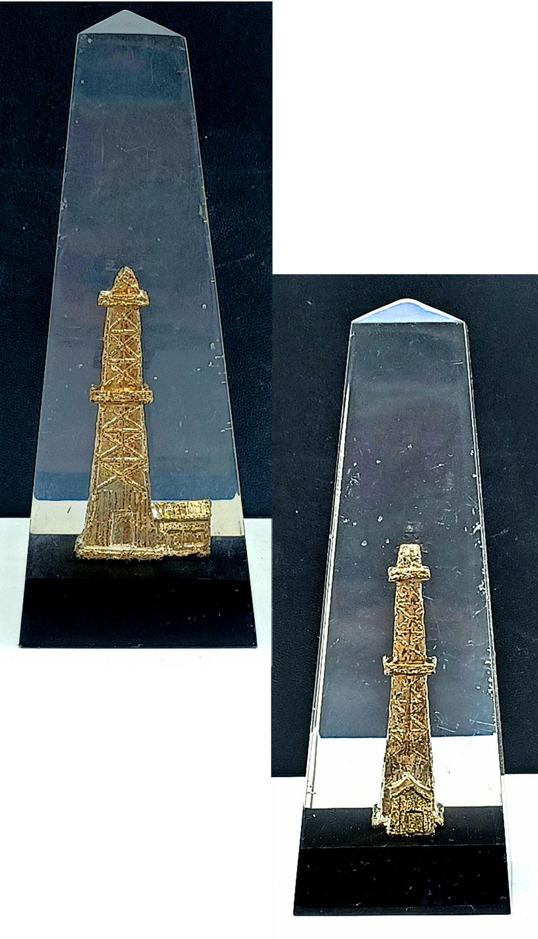 GOLD Patina OIL DERRICK Rig Desk Ornament Clear Lucite Encased Vintage ...