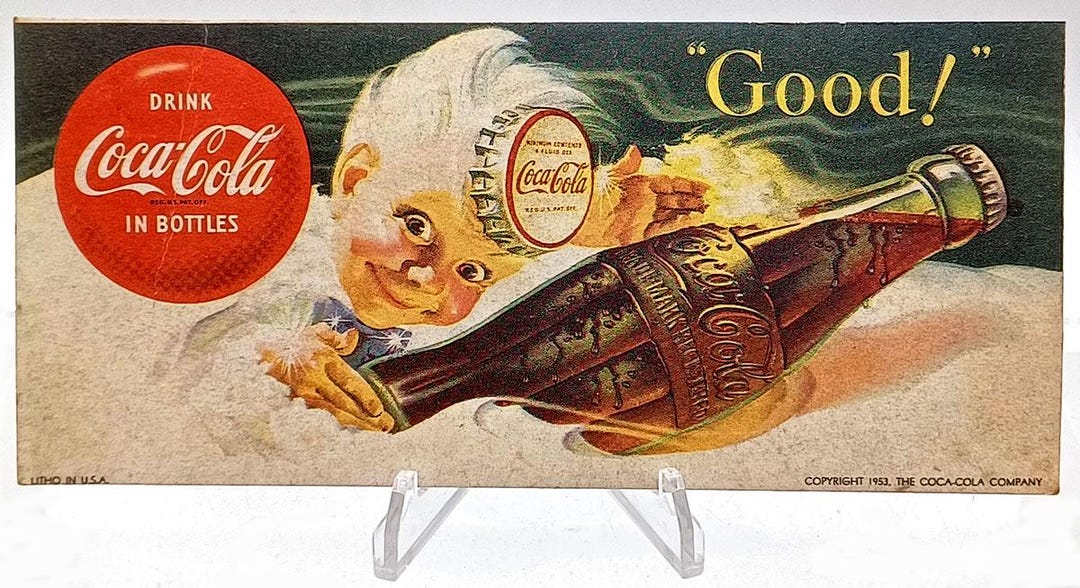 1953 COCA-COLA and SPRITE Boy ~ Advertising Ink Blotter ~ Drink Coca-cola in Bottles Button ...