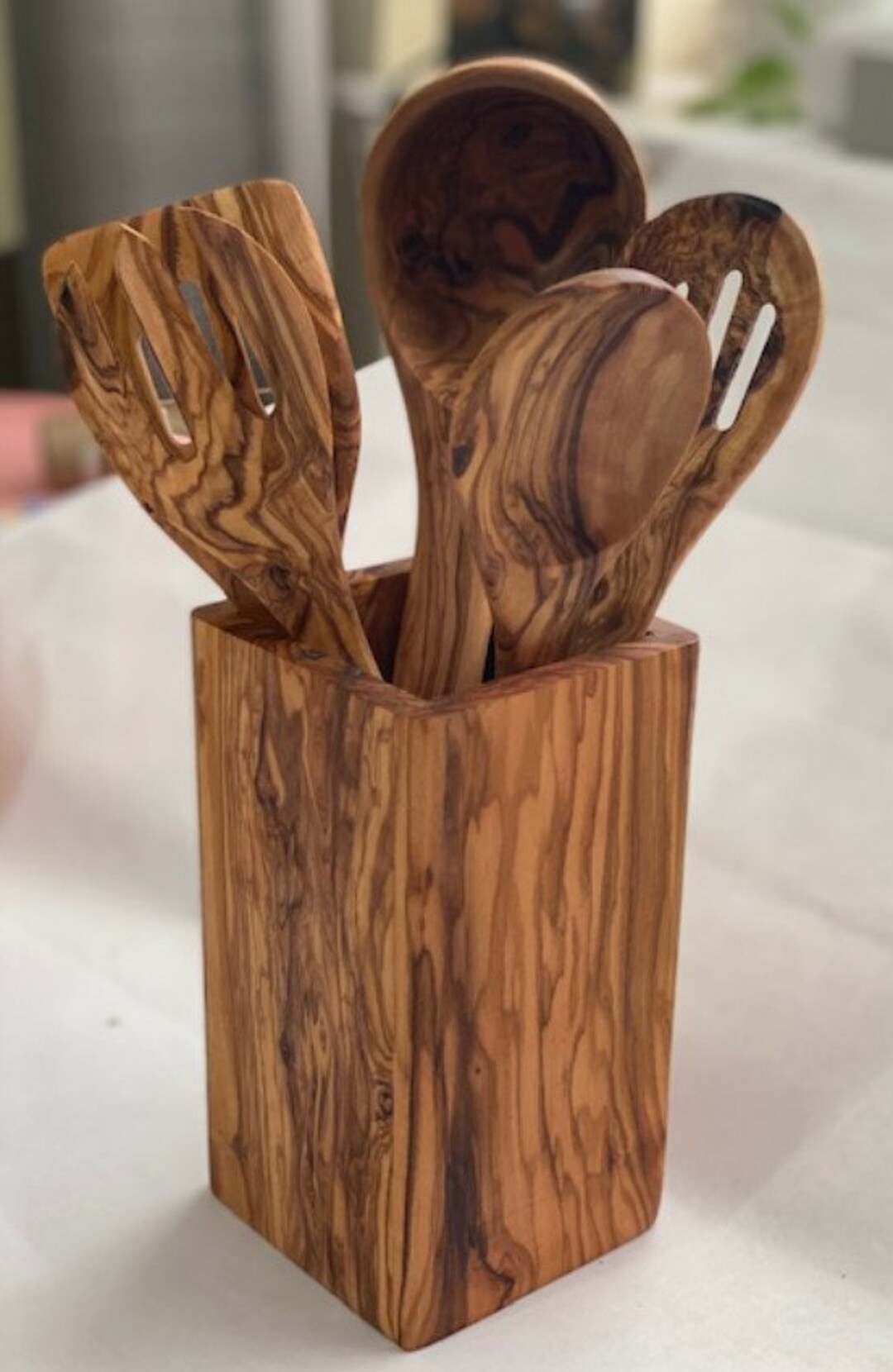 Olive Wood Utensil Holder - Etsy