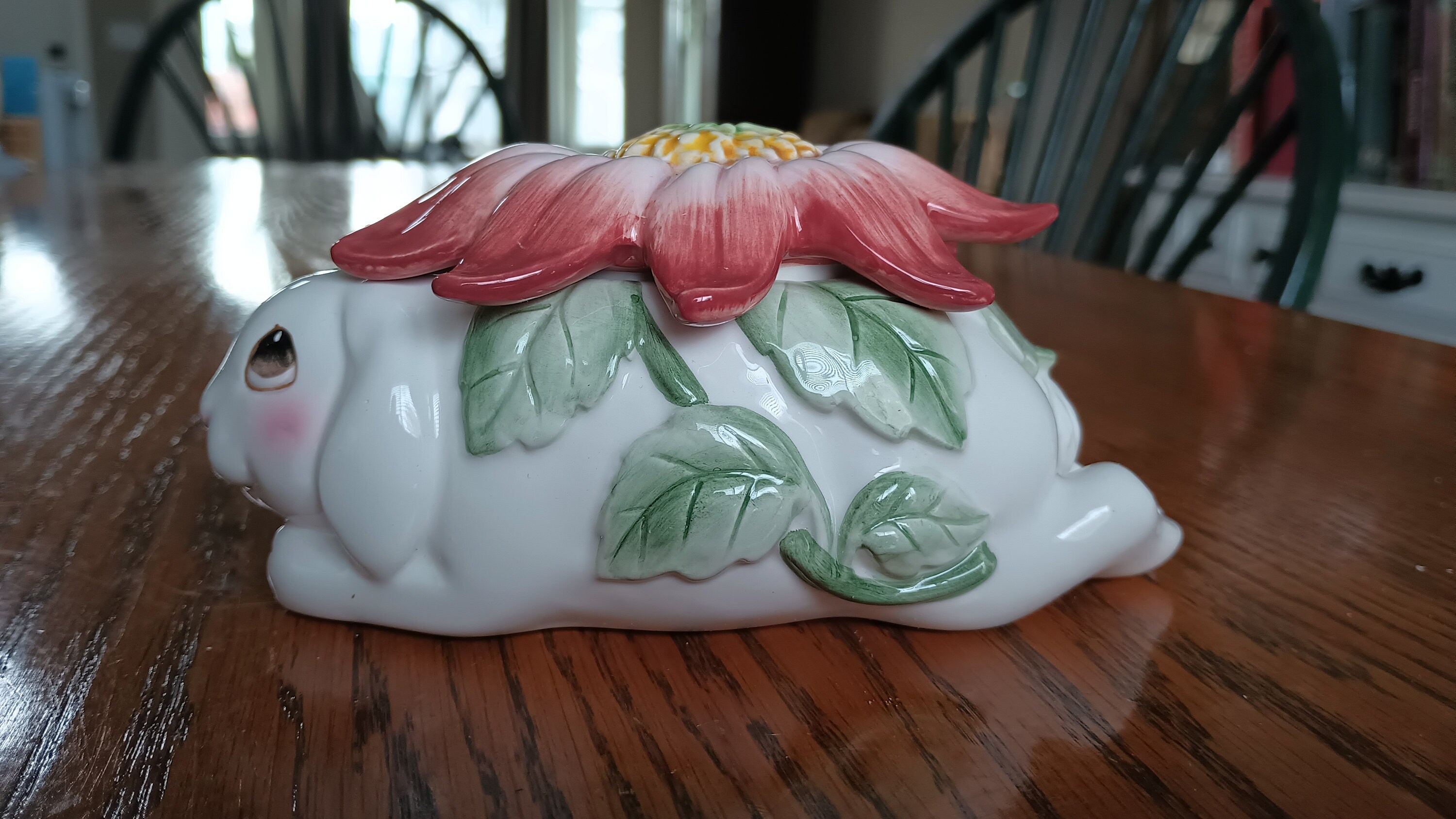Fitz and Floyd, Bunny Blooms, Oval Box, Lid, White Rabbit, Red Flower ...