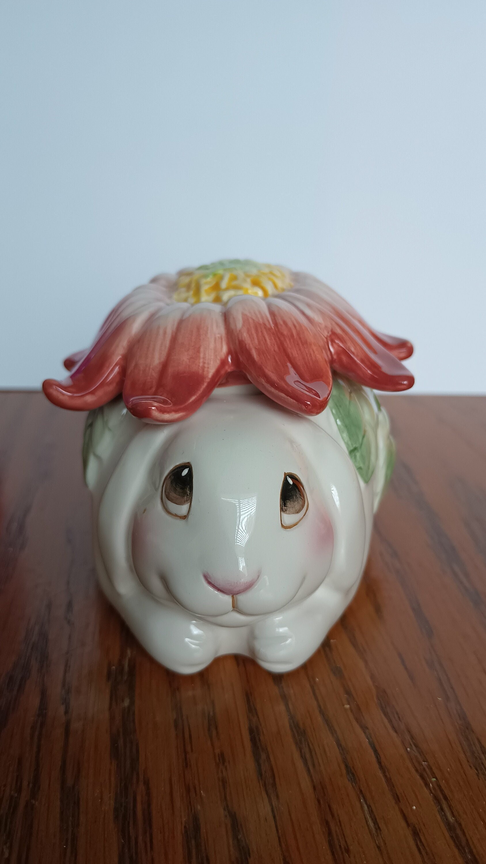 Fitz and Floyd, Bunny Blooms, Oval Box, Lid, White Rabbit, Red Flower ...