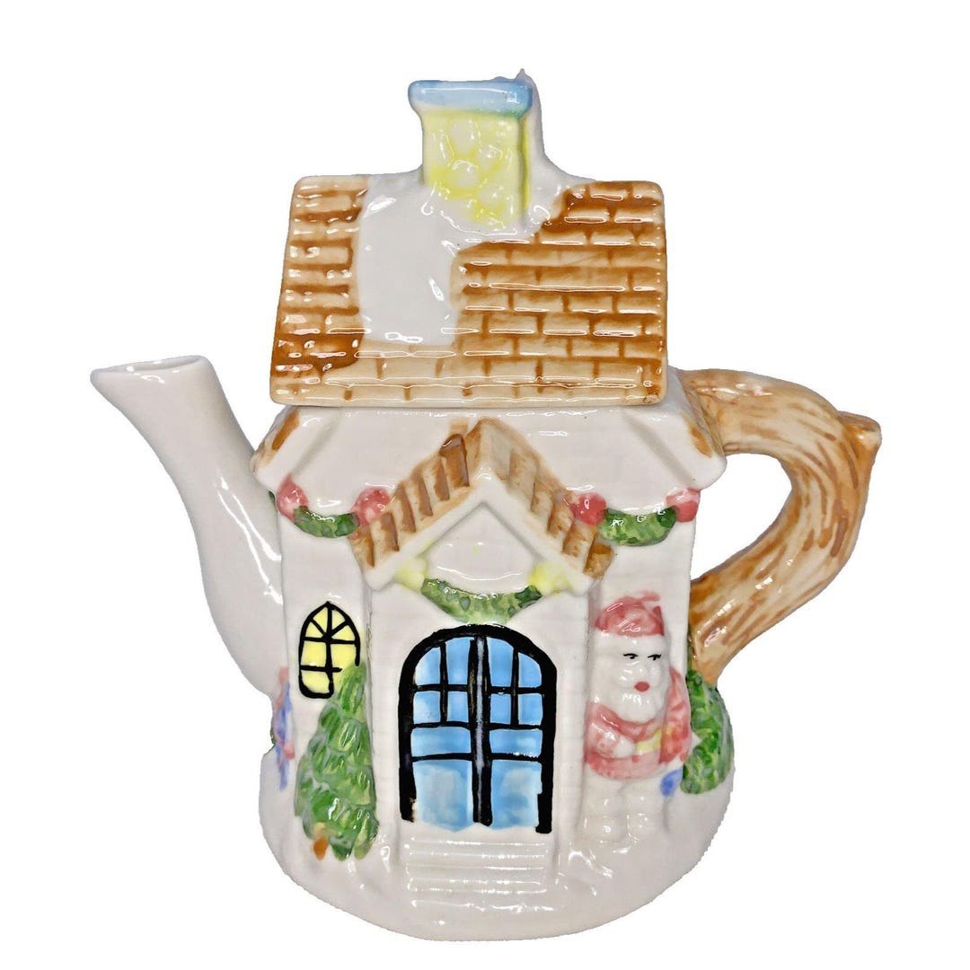 Christmas Teapot Porcelain Church Snow Covered Holiday Santa Holiday ...