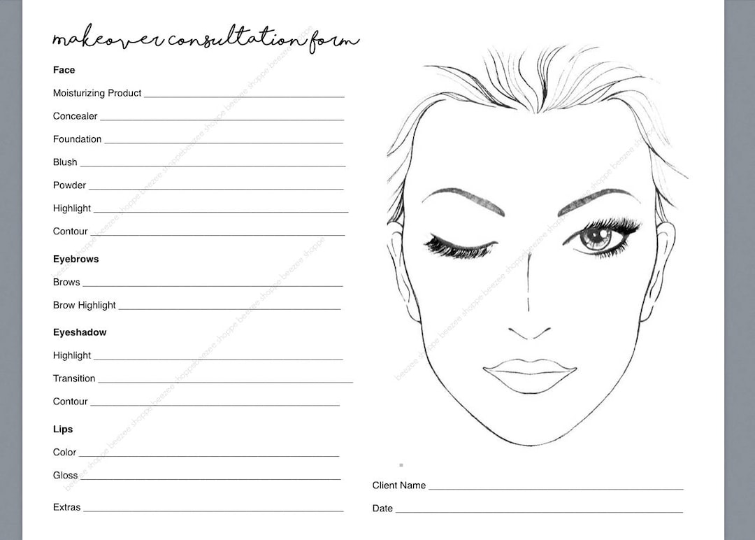 Makeup Consultation Form - Artist Face Chart, Product Tracker - Etsy