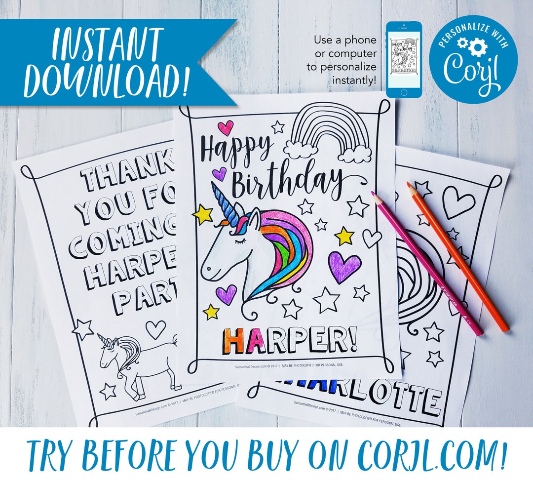 Unicorn Birthday Party Personalized Coloring Sheet Party Favor or ...