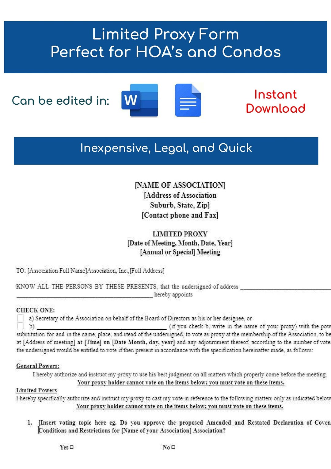 Limited Proxy Form (for Hoa's and Condo Associations) - Etsy