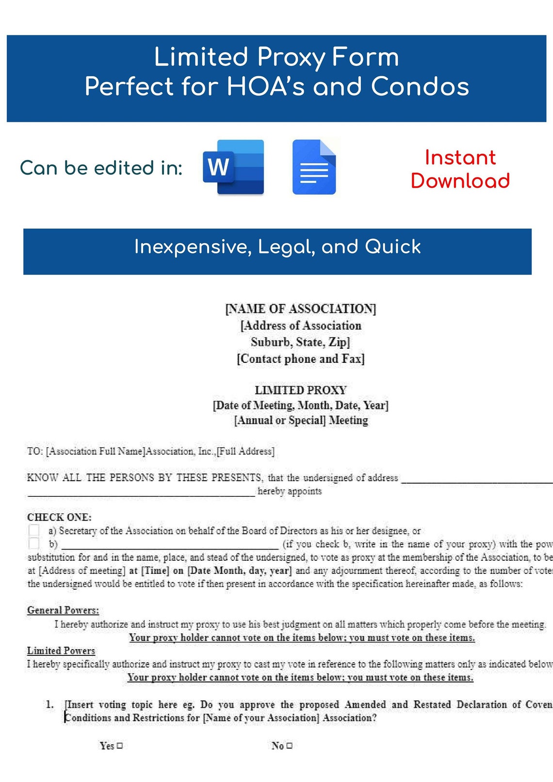 Limited Proxy Form (for Hoa's and Condo Associations) - Etsy
