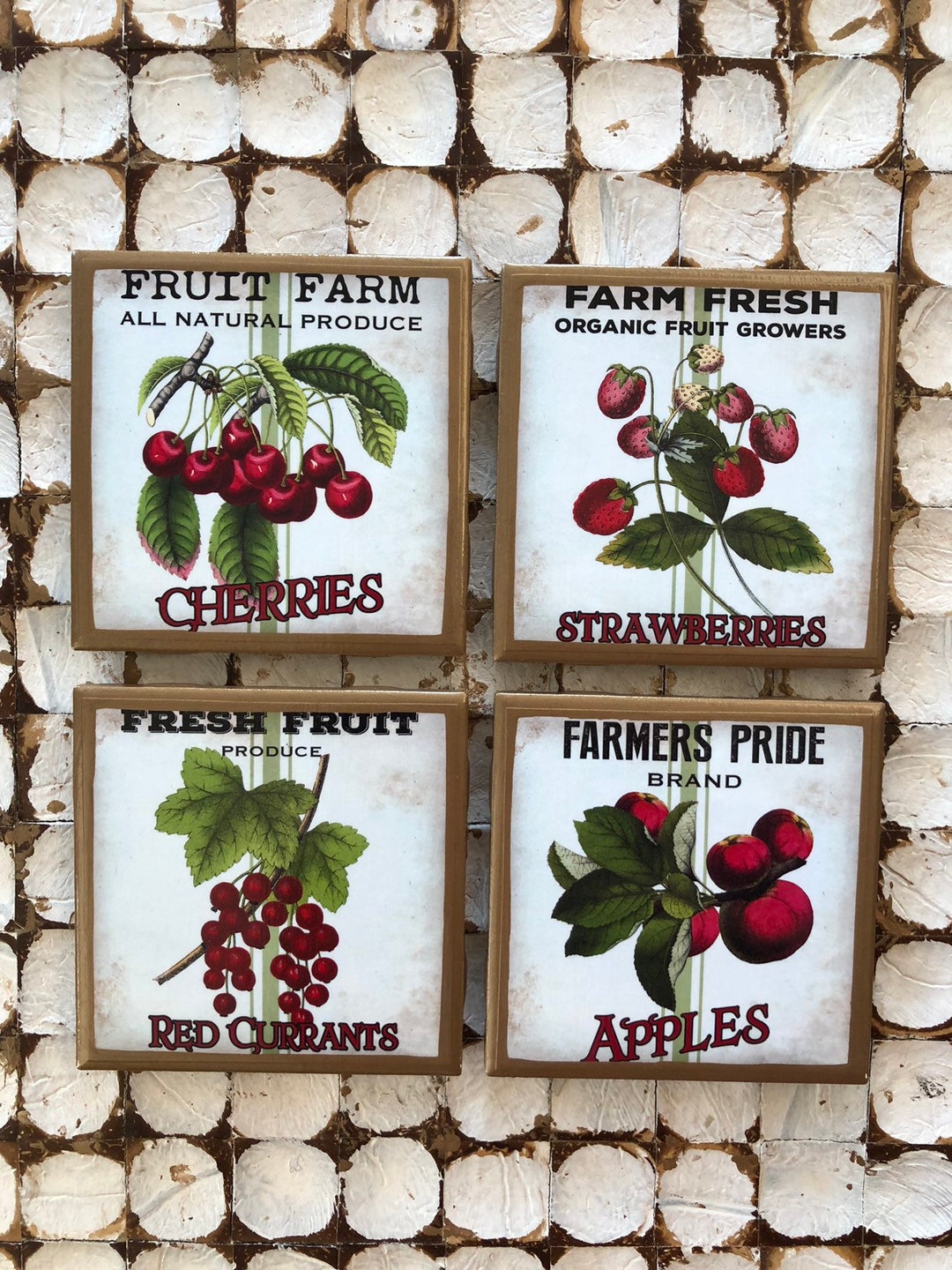 COASTERS! Vintage Fruit Ads Set of Coasters With Gold Trim - Etsy