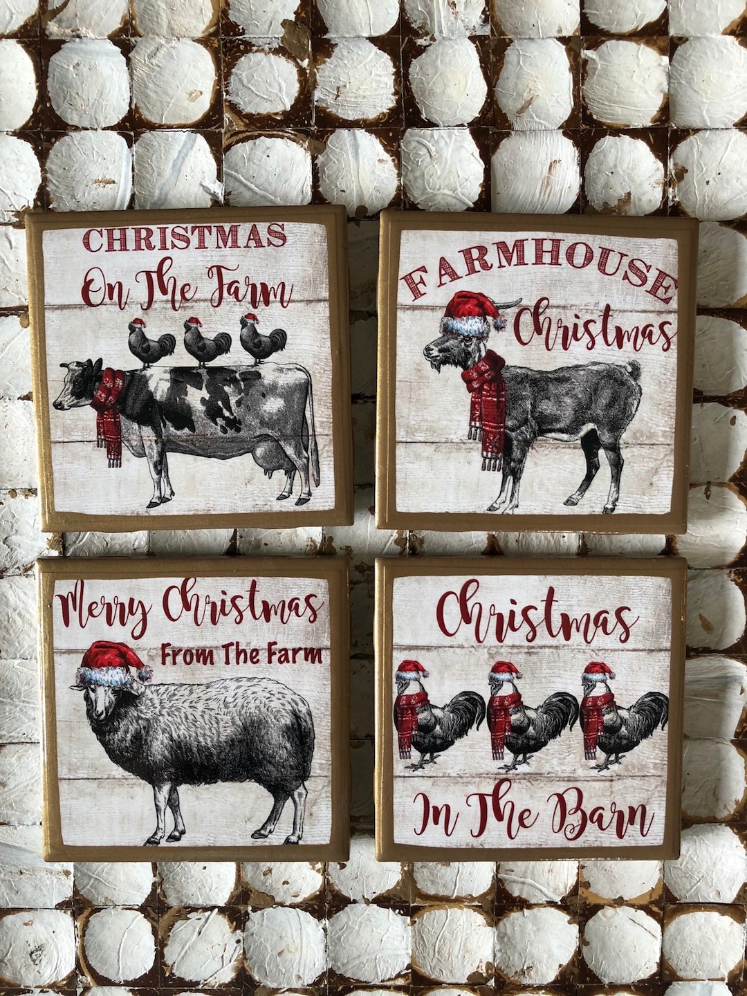 COASTERS! Vintage Farm Animal Farmhouse Christmas Coasters With Gold ...