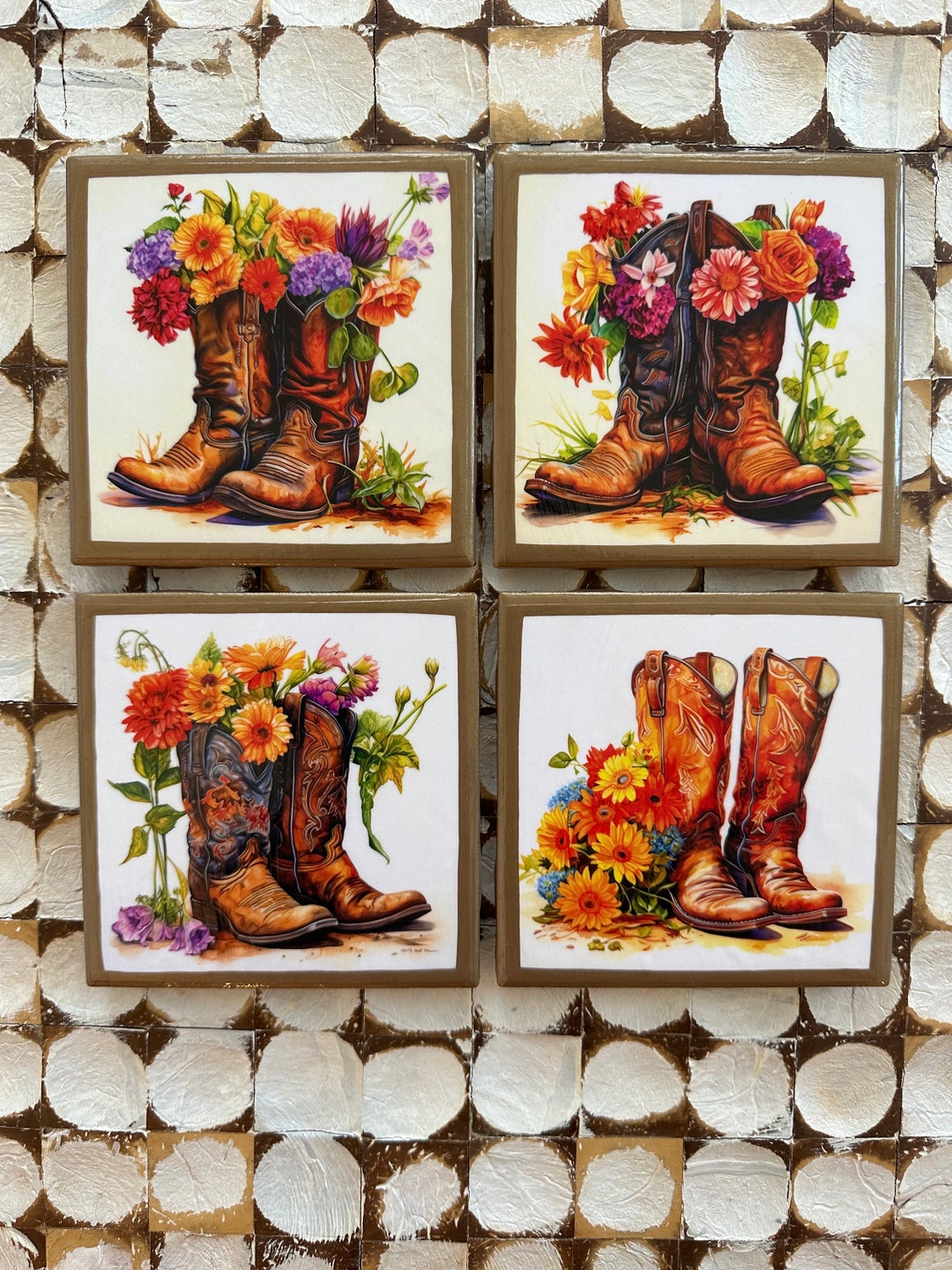 COASTERS! Floral Cowboy Boots Set of Coasters With Gold Trim - Etsy