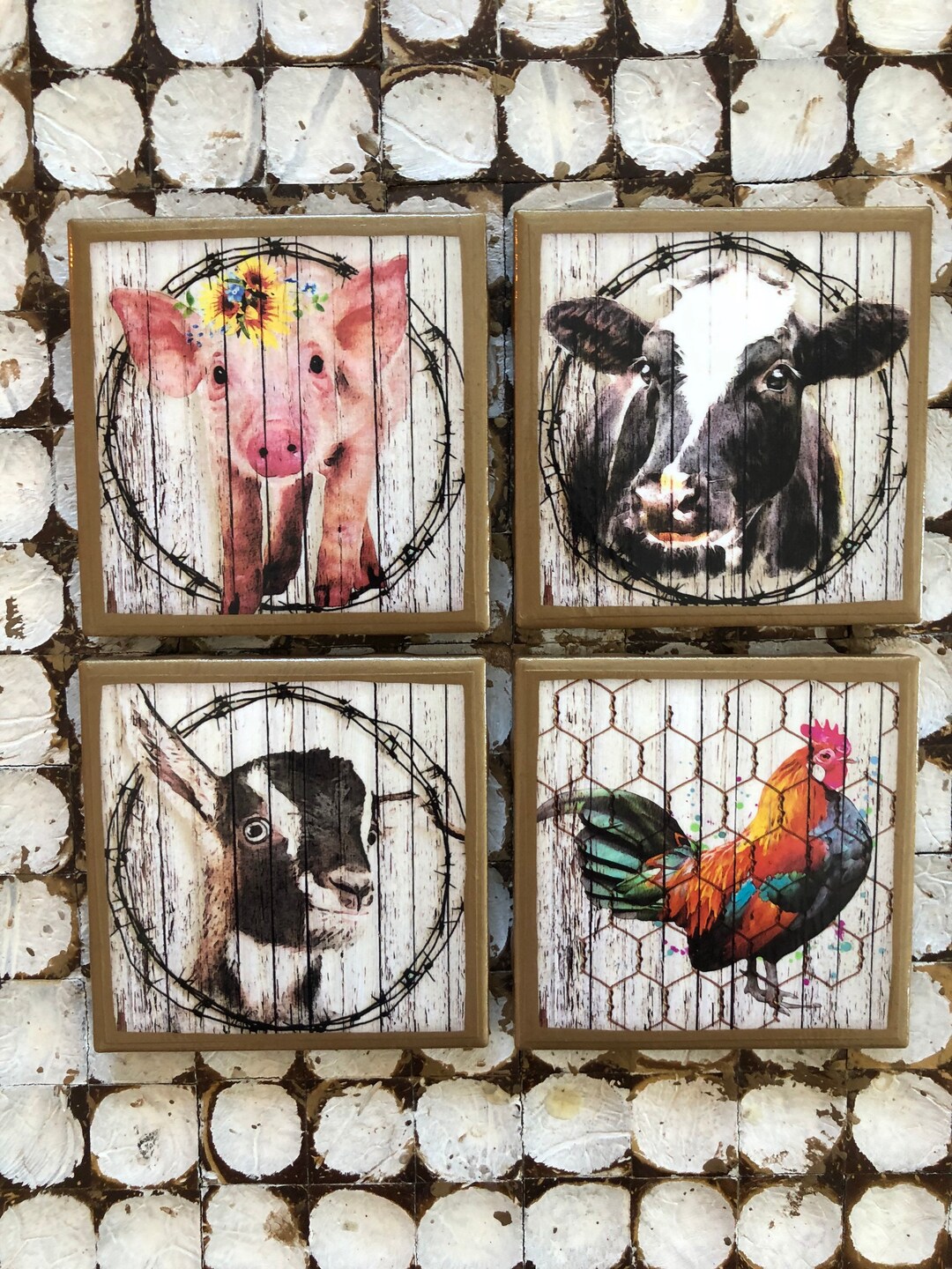 COASTERS! Rustic Farm Animal Coasters With Gold Trim - Etsy