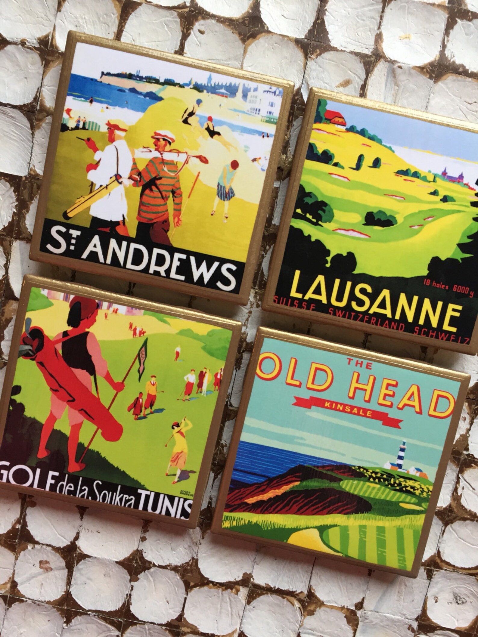 COASTERS Retro Golf Course Posters Set of Coasters With Gold | Etsy