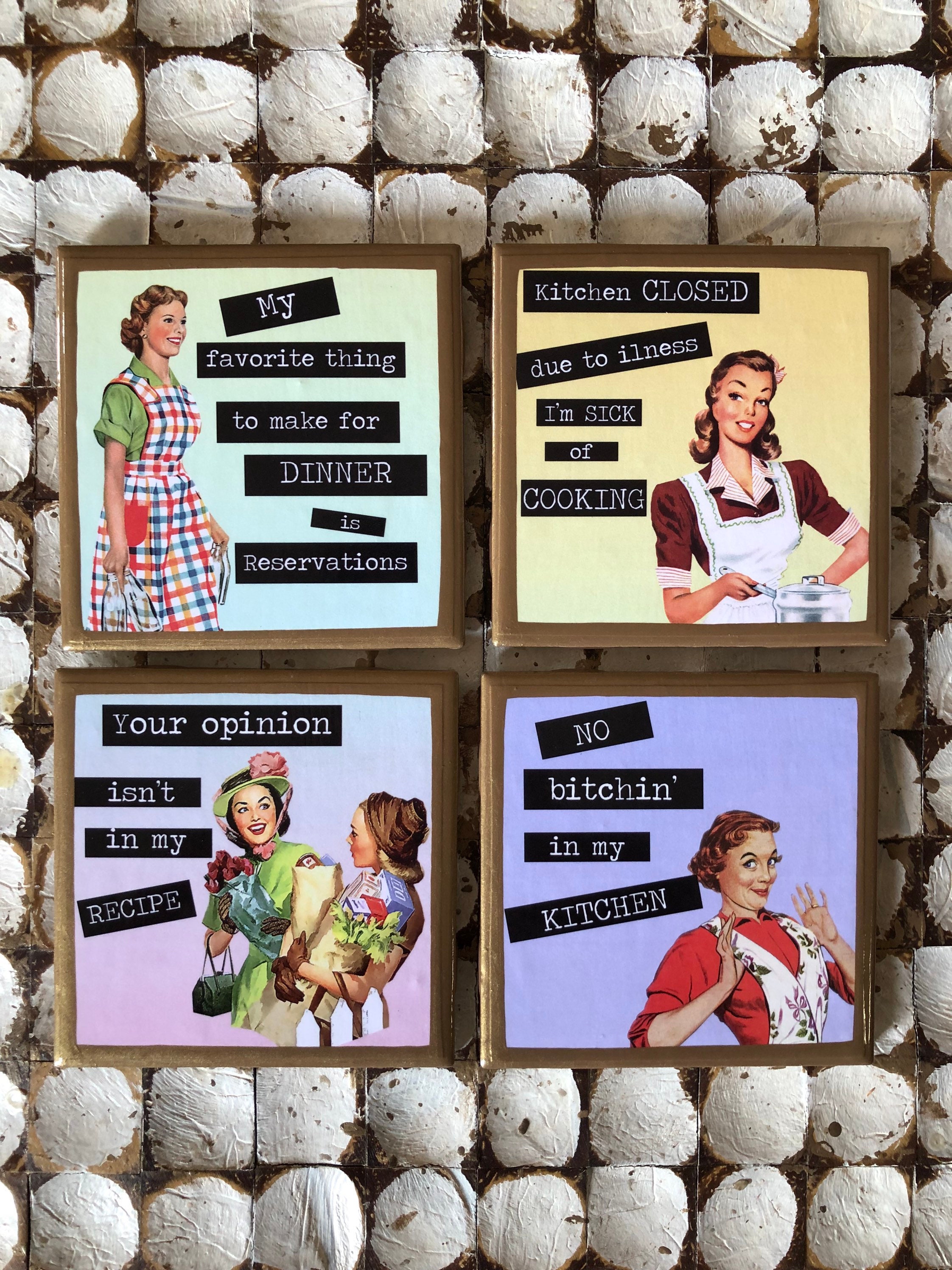 COASTERS! Funny, Retro, Sarcastic Kitchen Humor Coasters With Gold Trim ...