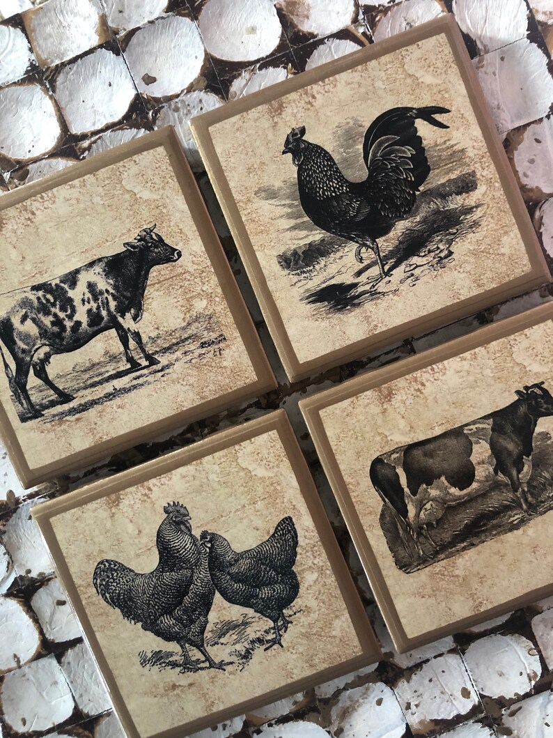 COASTERS! Farmhouse Inspired Farm Animals Coasters With Gold Trim - Etsy