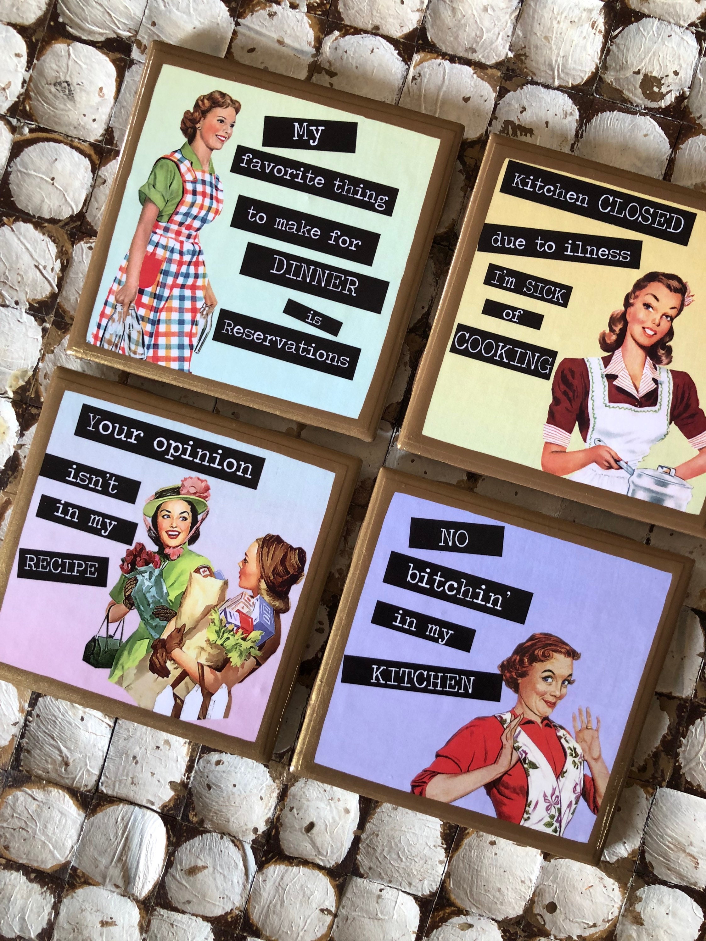 COASTERS! Funny, Retro, Sarcastic Kitchen Humor Coasters With Gold Trim ...