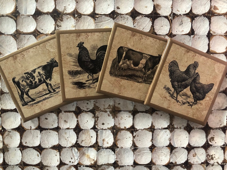 COASTERS! Farmhouse Inspired Farm Animals Coasters With Gold Trim - Etsy
