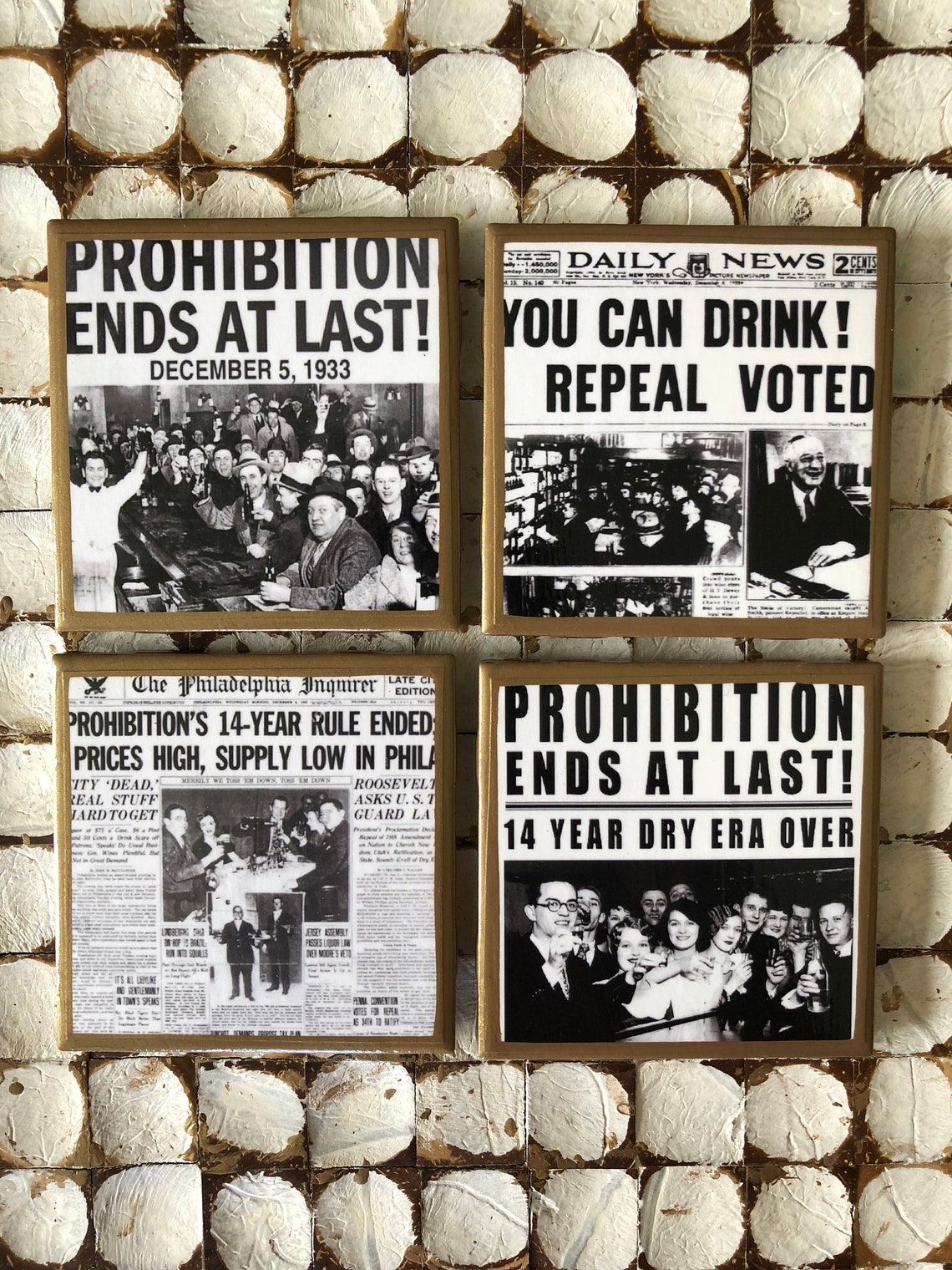 COASTERS! Prohibition Newspaper Headline Coasters With Gold Trim - Etsy