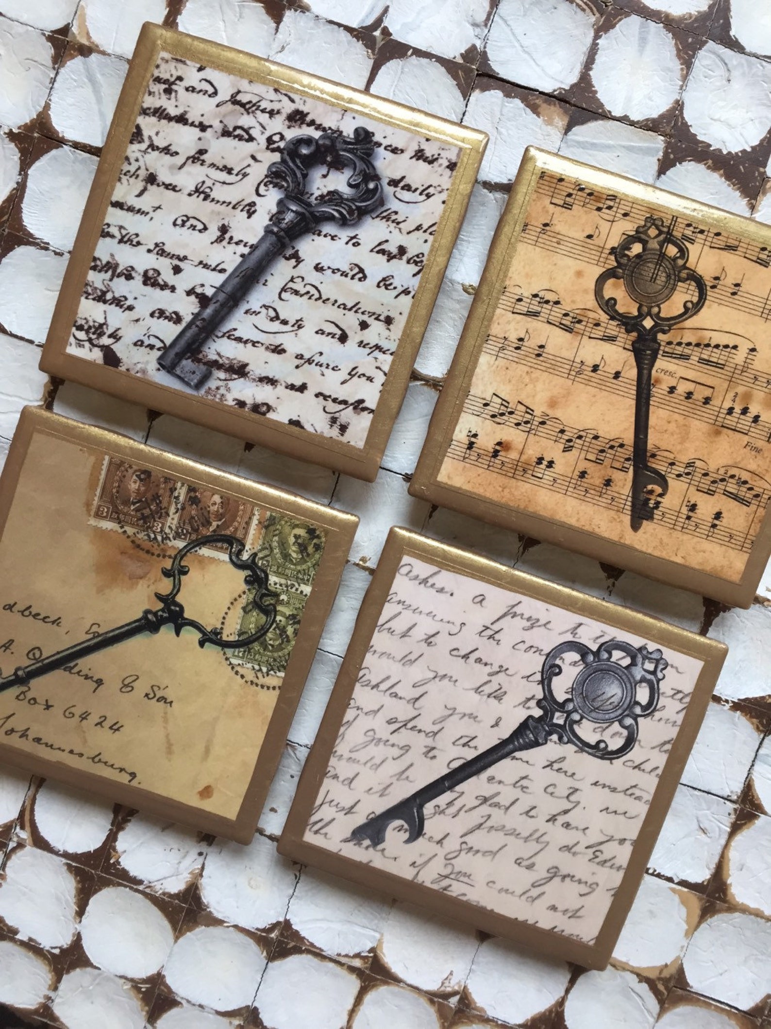 COASTERS Vintage Key Ceramic Coasters With Gold Trim - Etsy