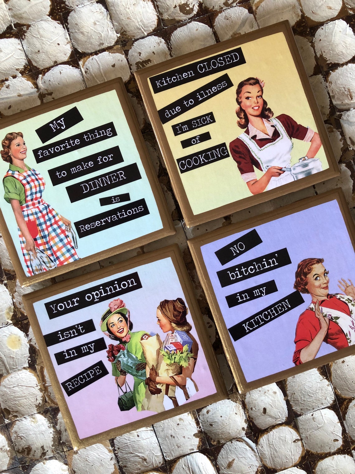 COASTERS! Funny, Retro, Sarcastic Kitchen Humor Coasters With Gold Trim ...
