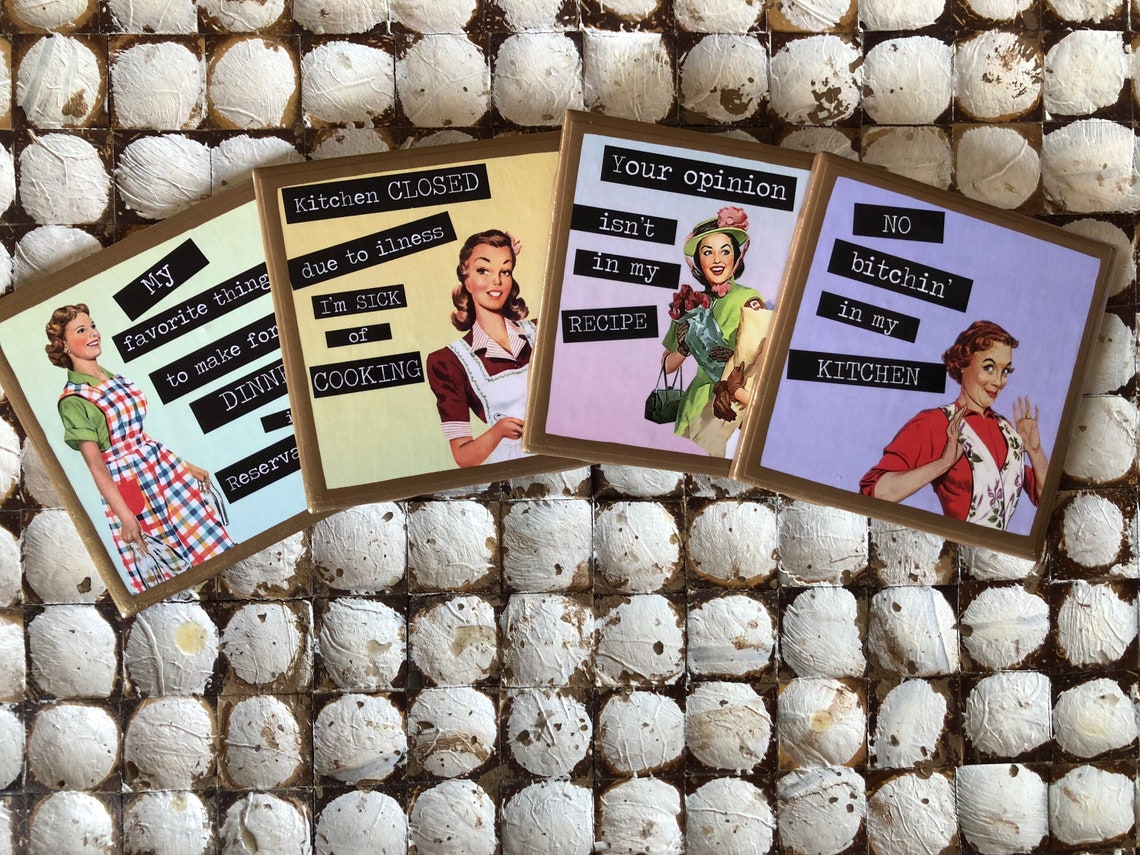 COASTERS! Funny, Retro, Sarcastic Kitchen Humor Coasters With Gold Trim ...