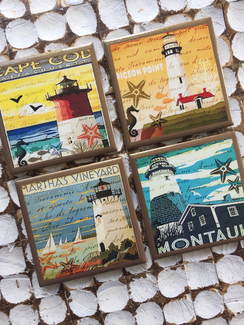 COASTERS Lighthouse Coasters With Gold Trim. Cape Cod - Etsy