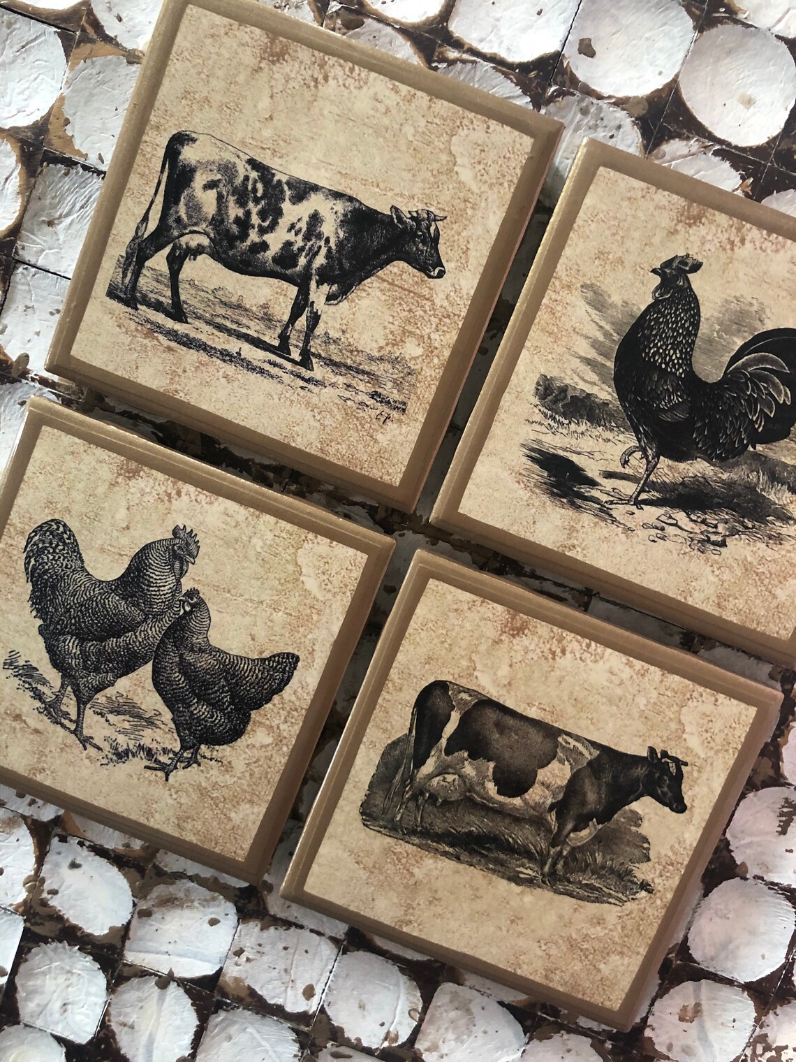 COASTERS! Farmhouse Inspired Farm Animals Coasters With Gold Trim - Etsy