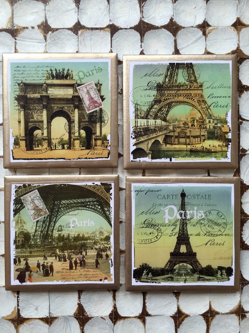 COASTERS Vintage Paris Images Set of 4 Coasters With Gold | Etsy